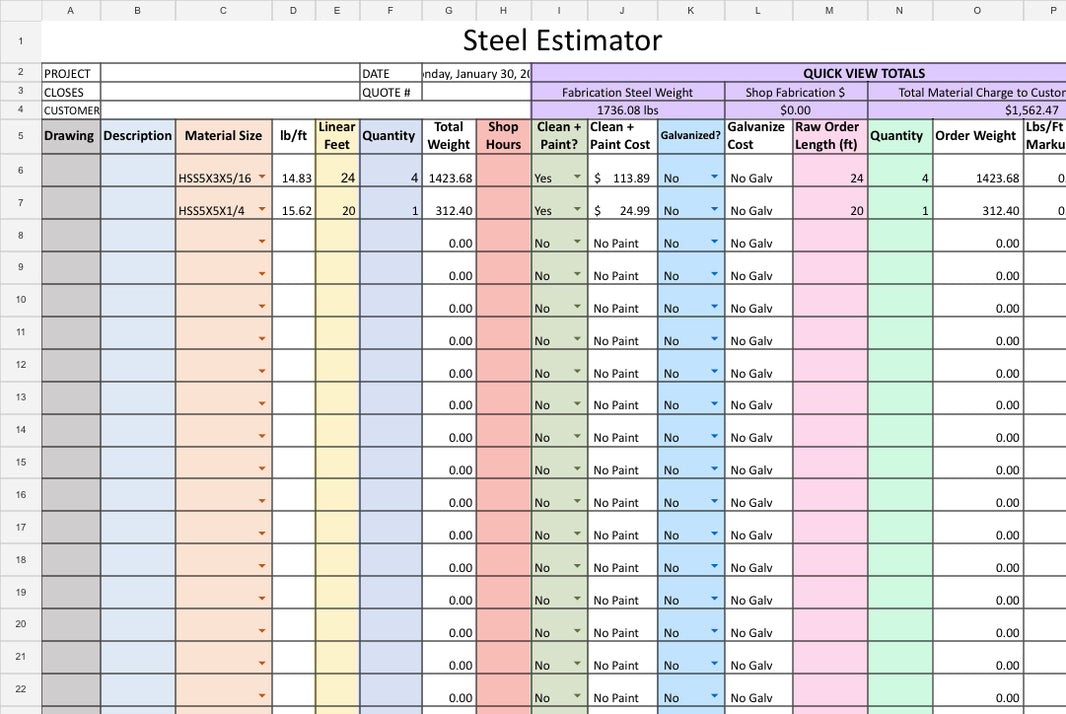 Steel Estimating Spreadsheet