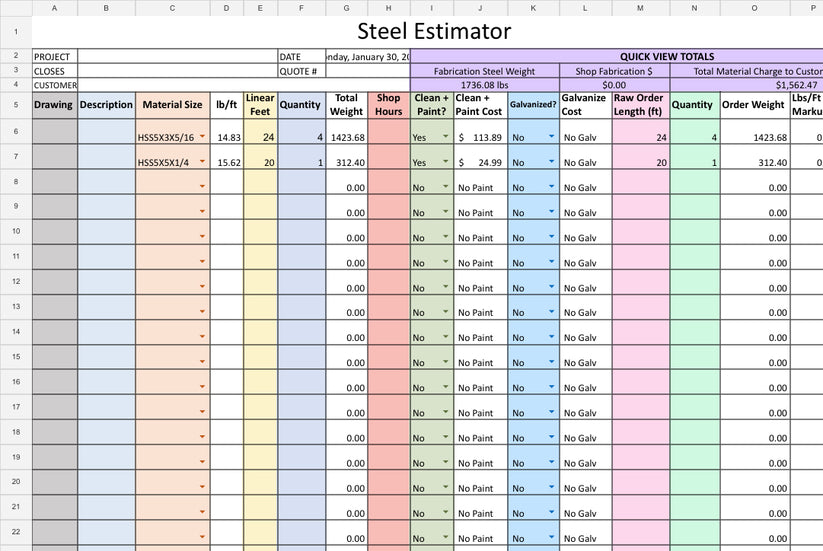 Steel Estimating Spreadsheet - Instant Download
